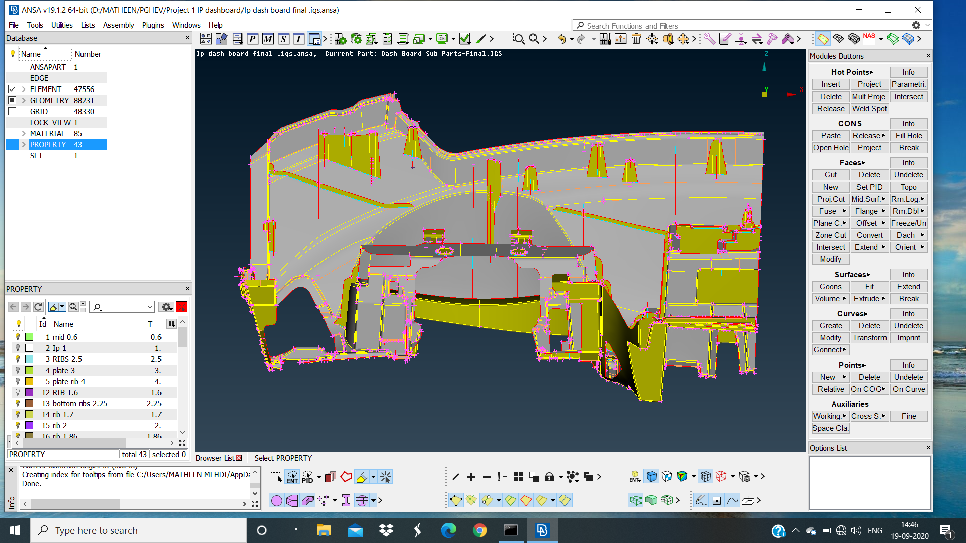 SHELL MESHING FOR A CAR INSTRUMENTAL PANEL/DASHBOARD : Skill-Lync