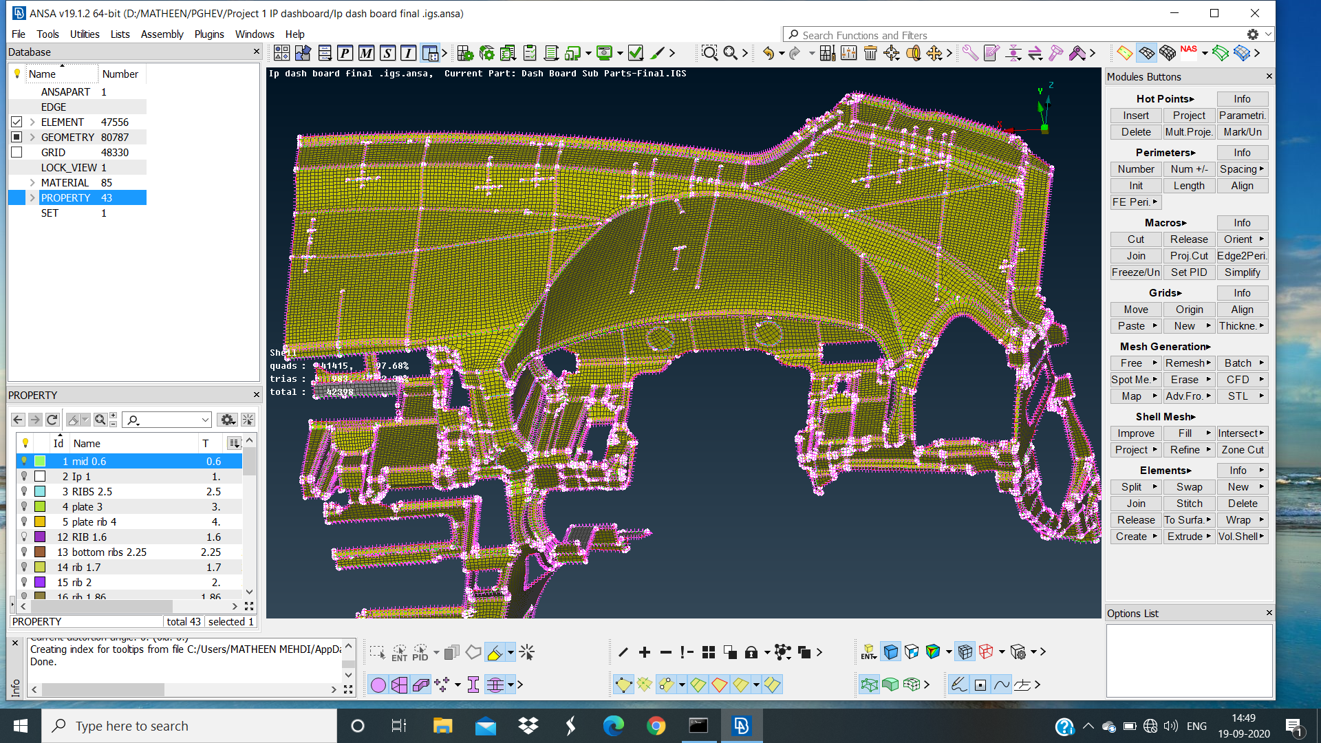 SHELL MESHING FOR A CAR INSTRUMENTAL PANEL/DASHBOARD : Skill-Lync