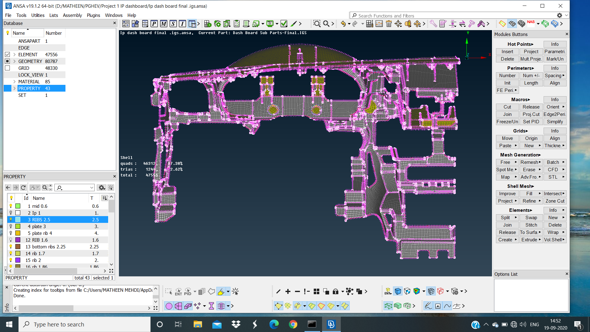 SHELL MESHING FOR A CAR INSTRUMENTAL PANEL/DASHBOARD : Skill-Lync