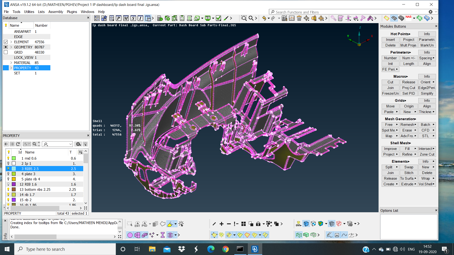 SHELL MESHING FOR A CAR INSTRUMENTAL PANEL/DASHBOARD : Skill-Lync