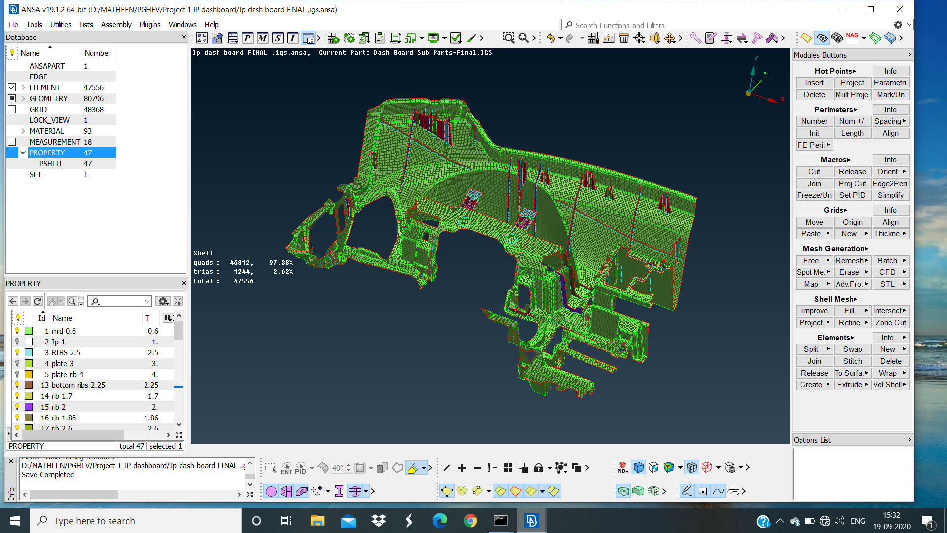 SHELL MESHING FOR A CAR INSTRUMENTAL PANEL/DASHBOARD : Skill-Lync