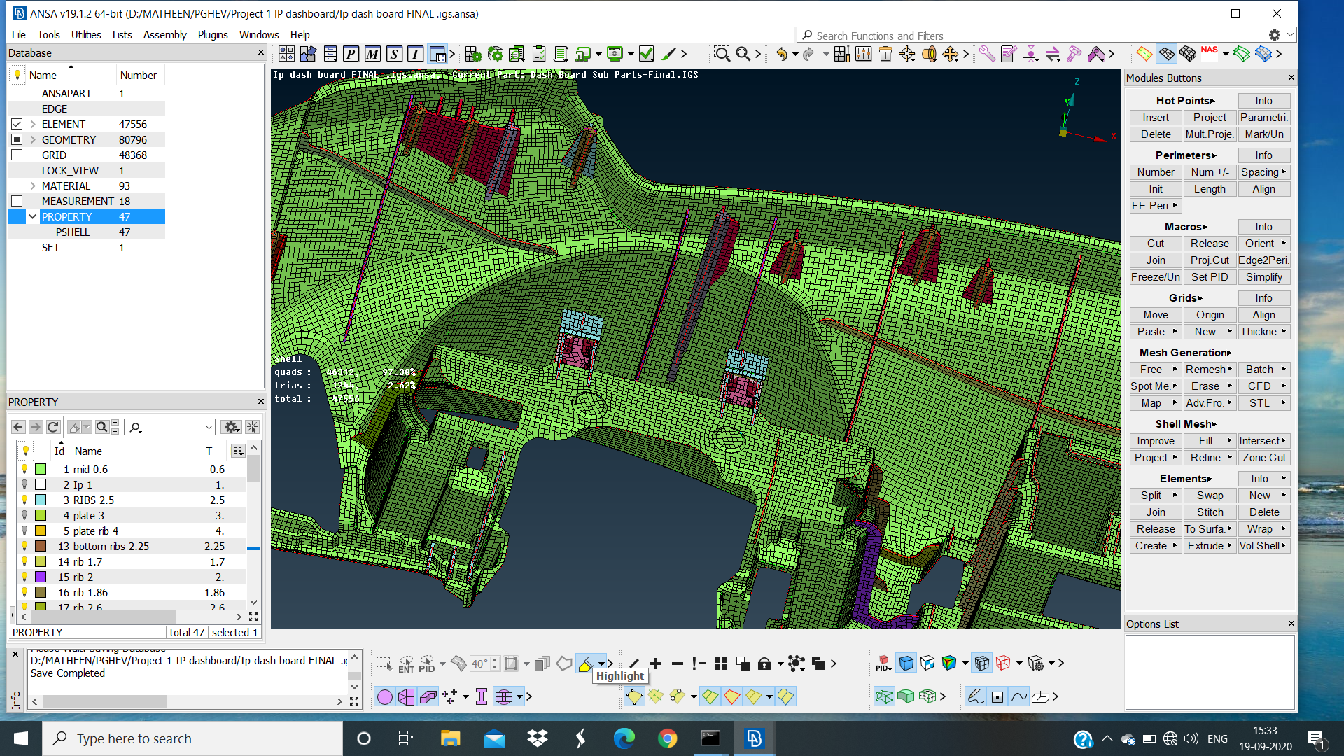 SHELL MESHING FOR A CAR INSTRUMENTAL PANEL/DASHBOARD : Skill-Lync