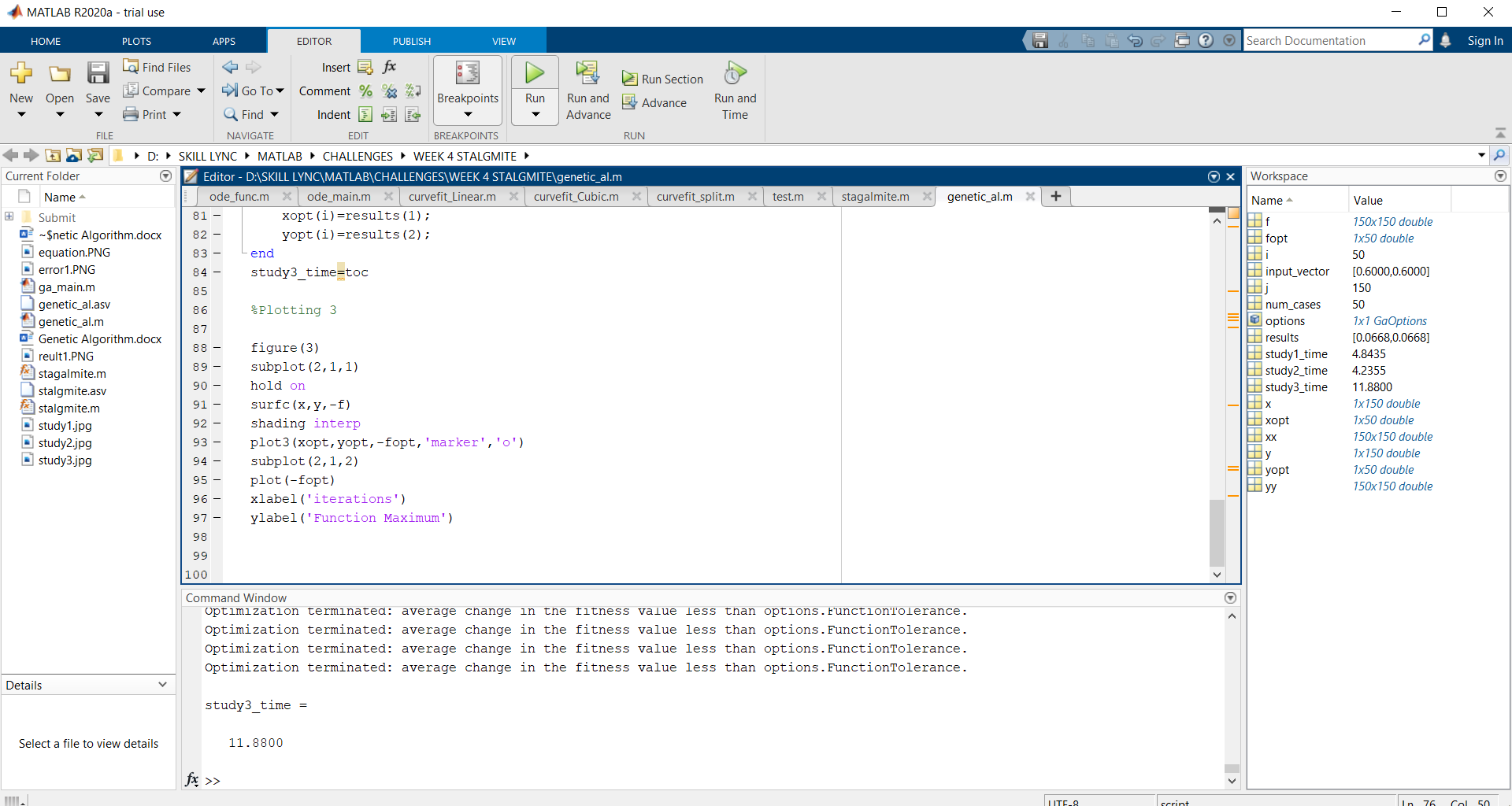 MATLAB code to optimize the stalagmite function and find the global ...