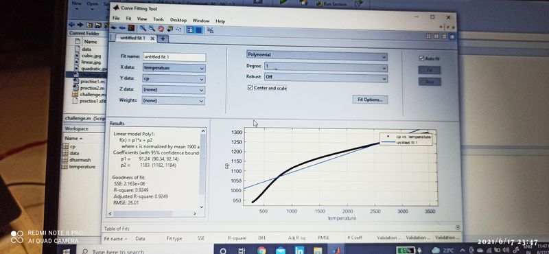 Write code to fit a linear and cubic polynomial for the Cp data in MATLAB. : Skill-Lync